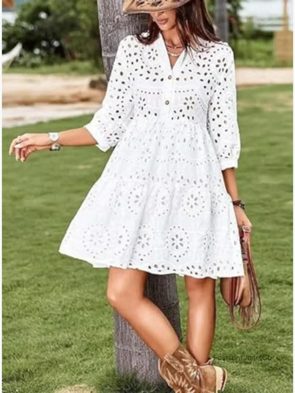 Dresses | Womens Eyelet Lace Midi Dress V Neck Puff 34 Sleeve Button ...
